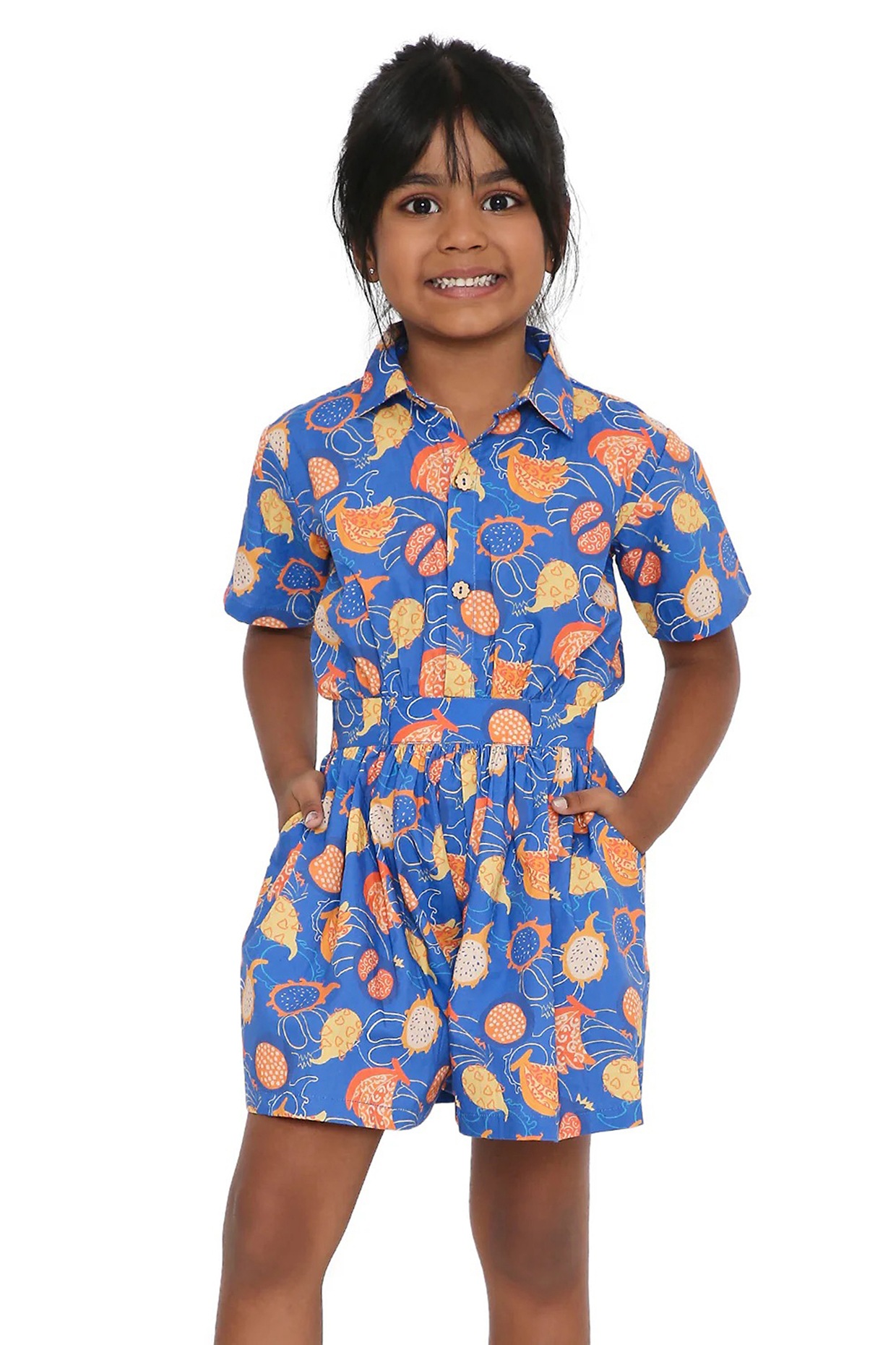 Deep Blue Organic Cotton Printed Playsuit For Girls by Miko Lolo at ...