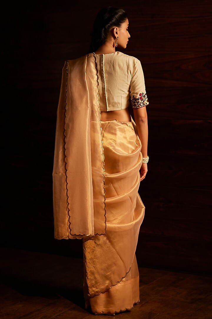 Ivory & Gold Silk Tissue Saree Set by Mimamsaa at Pernia's Pop Up Shop 2025