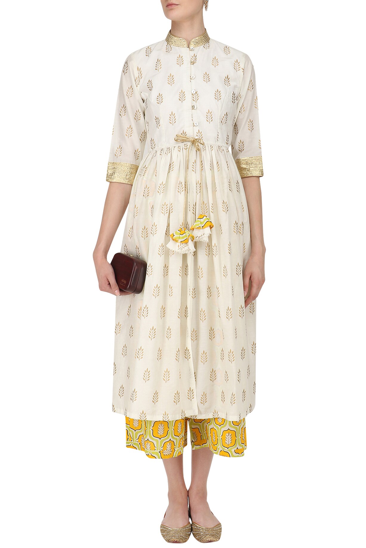 Off white foil print front open tunic with print pants available only ...