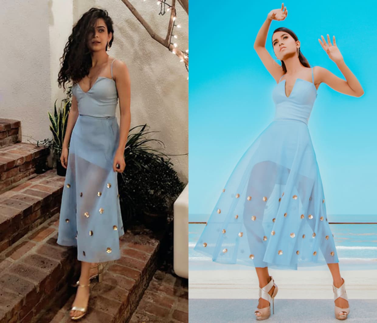 Powder Blue Asymmetric Layered Bodycon Dress With Embellished Skirt by ...