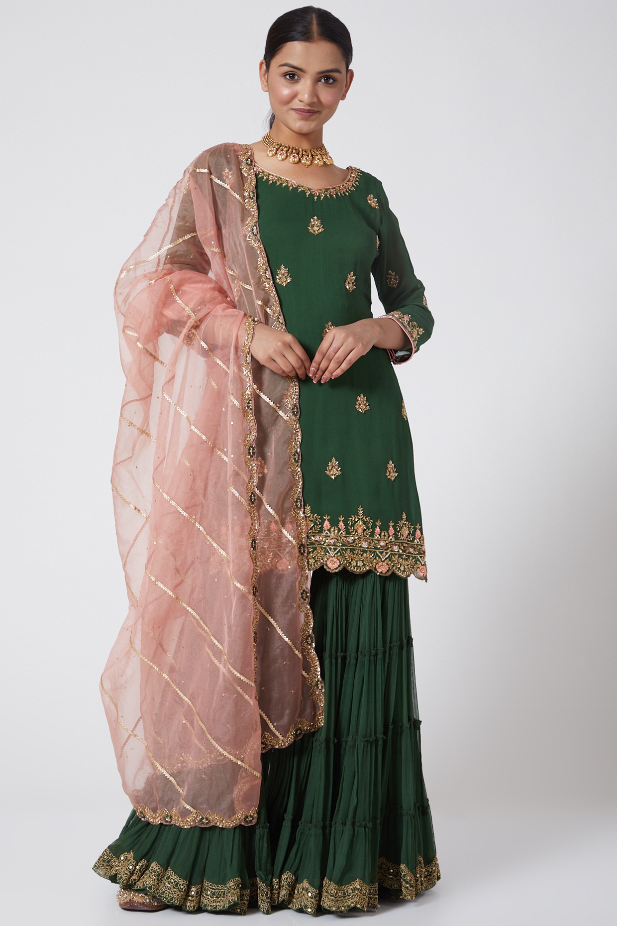 Dark Green Embroidered Gharara Set by Megha & Jigar at Pernia's Pop Up ...