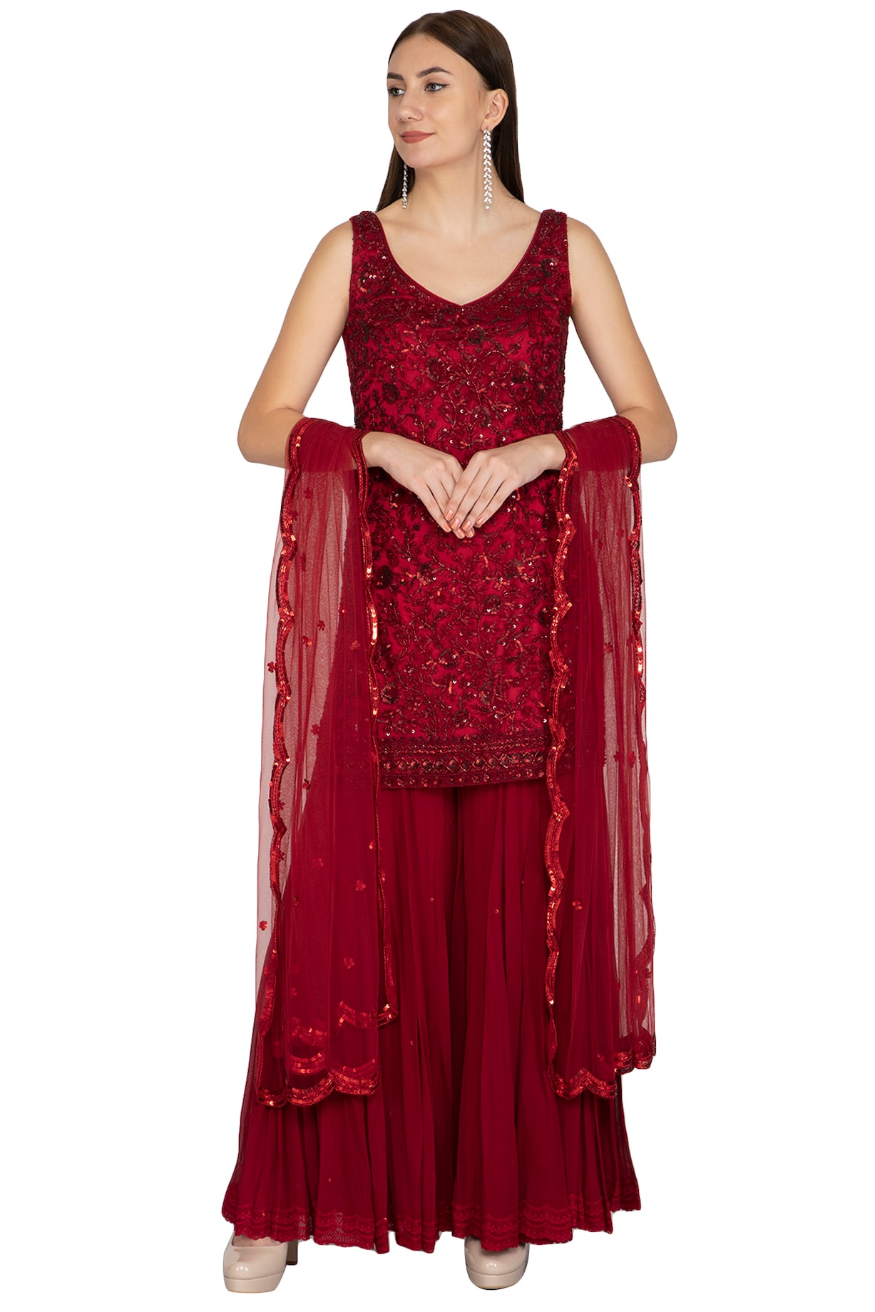 Maroon Embroidered Sharara Set Design by at Pernia's Pop Up Shop 2024