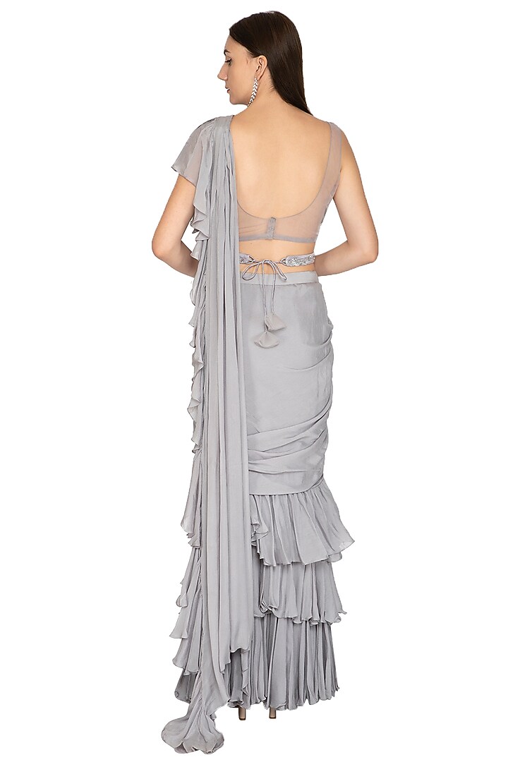 Grey Chinon Chiffon Ruffled Saree Set With Belt by Megha & Jigar at ...