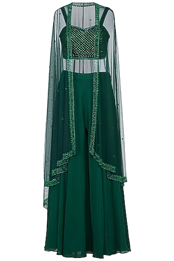 Green embroidered bustier with sharara pants and cape Design by Megha ...