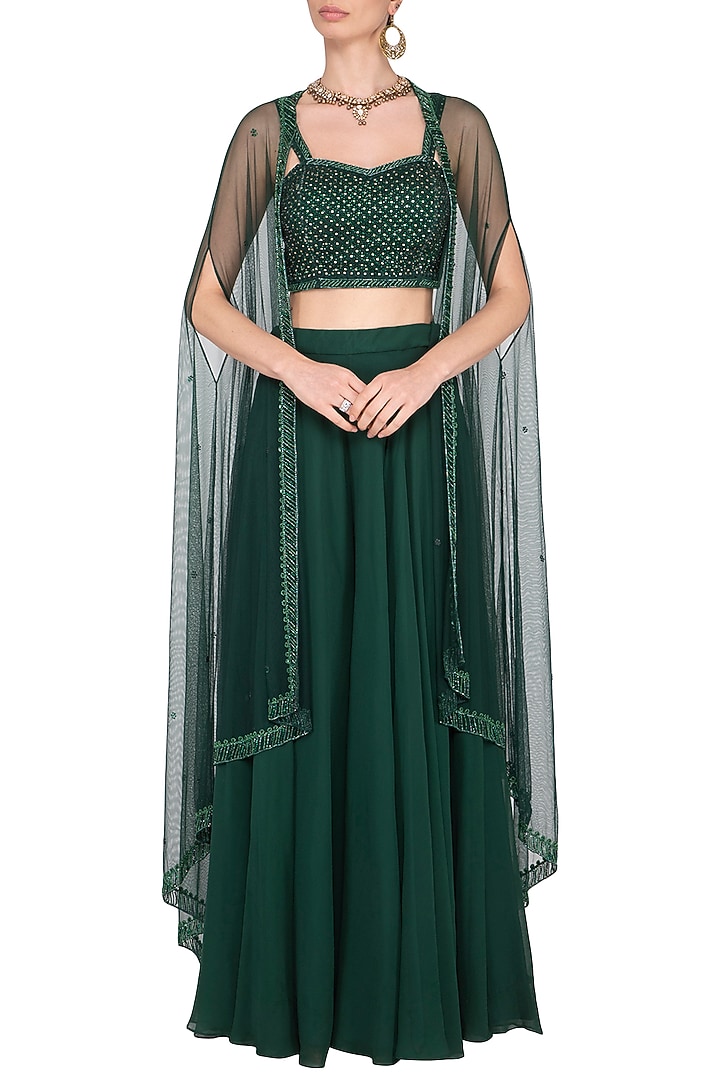 Green embroidered bustier with sharara pants and cape Design by Megha ...