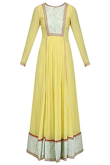 Lemon yellow and aqua embroidered anarkali set available only at Pernia ...