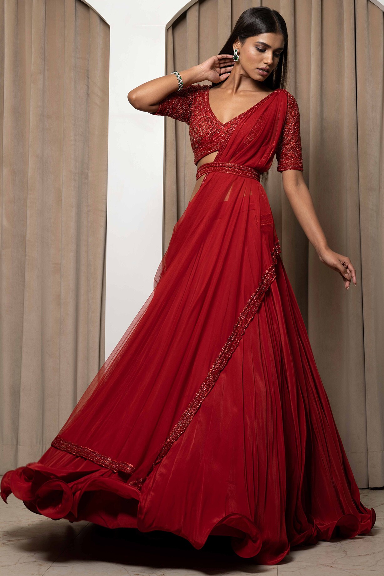 Scarlet Red Crepe Draped Wedding Lehenga Set by Mehak Sharma at Pernia ...
