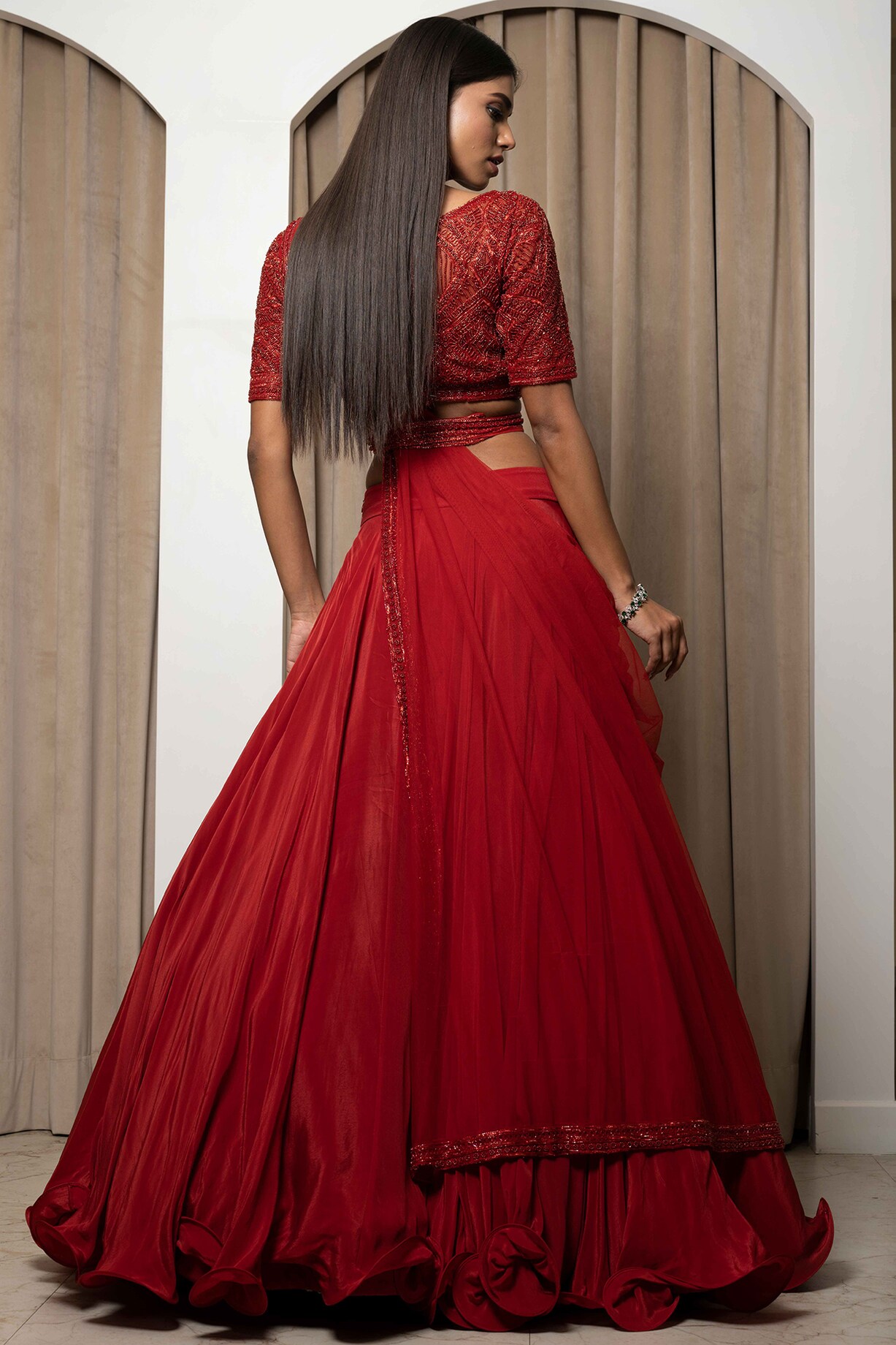 Scarlet Red Crepe Draped Wedding Lehenga Set by Mehak Sharma at Pernia ...