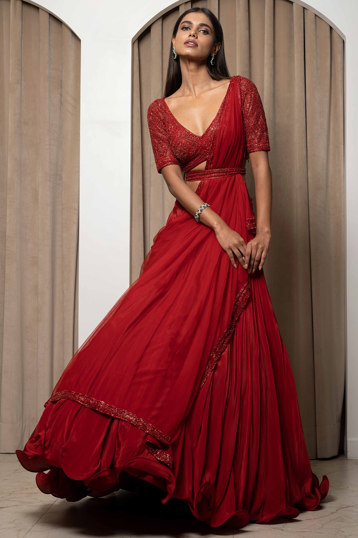Scarlet Red Crepe Draped Wedding Lehenga Set by Mehak Sharma at Pernia ...