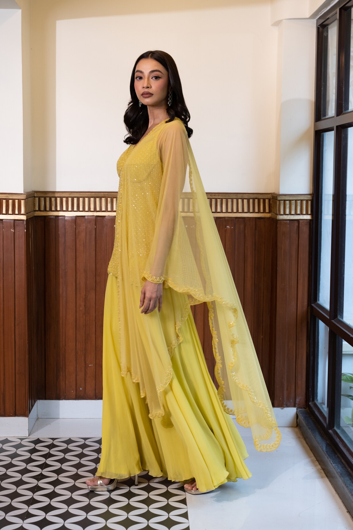 Yellow Georgette Sharara Set by Mehak Sharma at Pernia's Pop Up Shop 2026