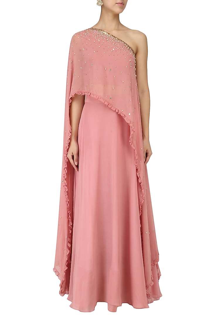 Pink one shoulder embroidered cape with lehenga set available only at ...
