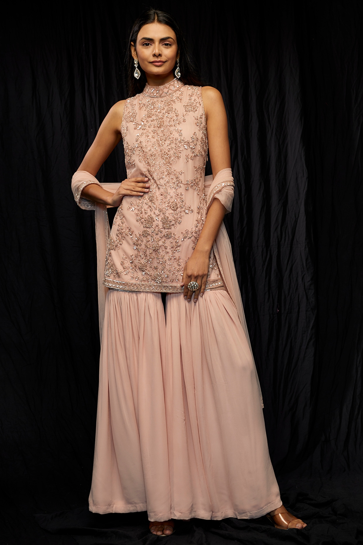 Blush Pink Net Sharara Set by Malasa at Pernia's Pop Up Shop 2025