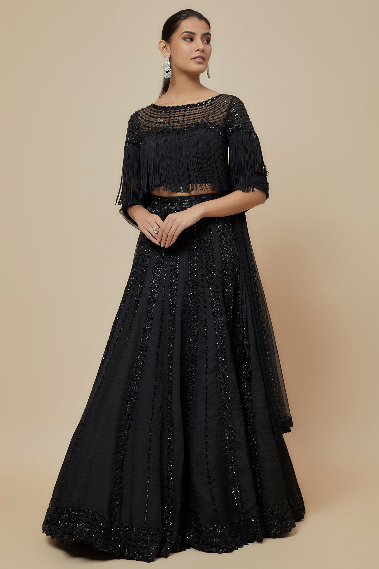 Black Organza Cutdana & Bead Work Bridal Lehenga Set by Malasa at ...