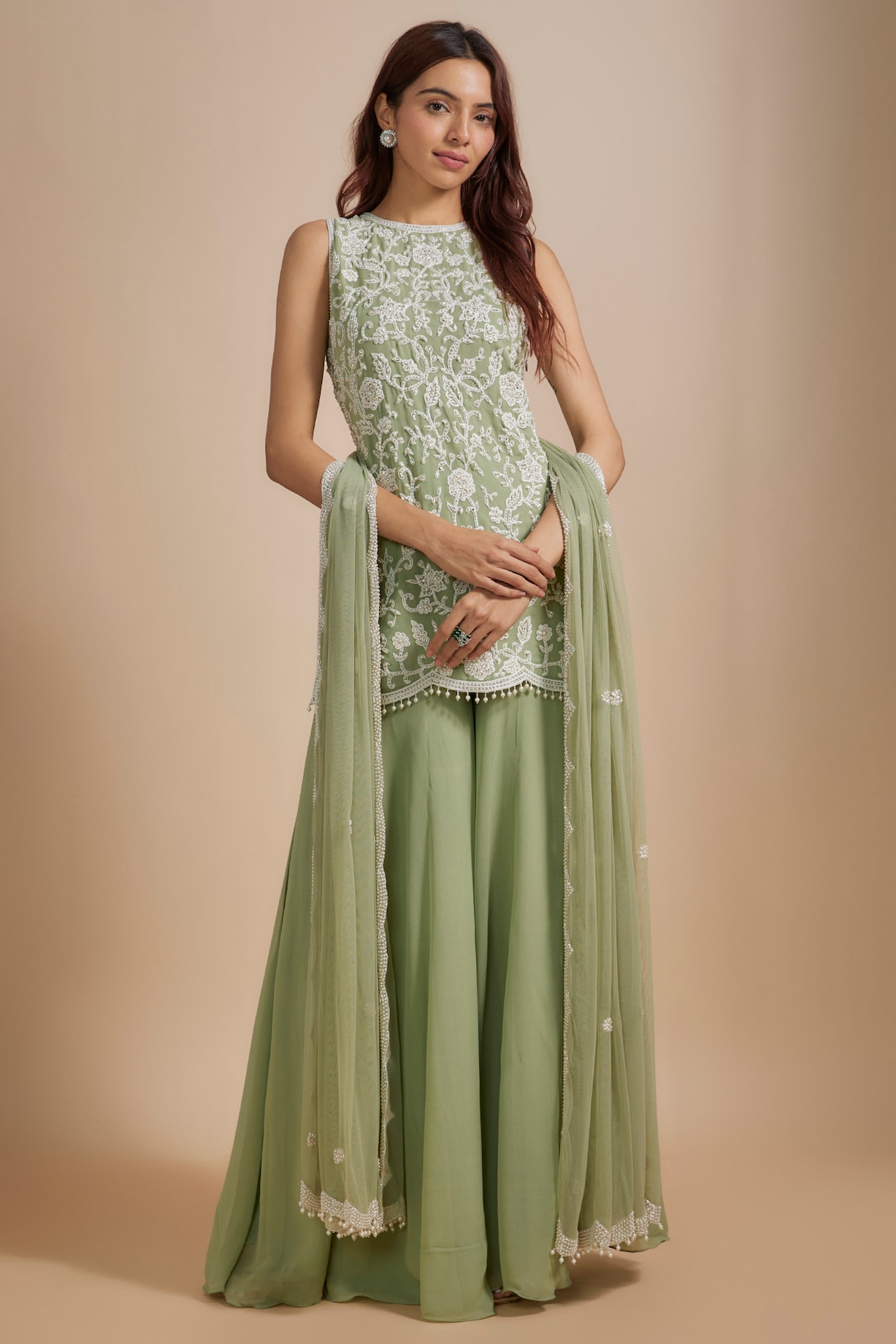 Sage Green Georgette Sharara Set by Malasa at Pernia's Pop Up Shop 2025