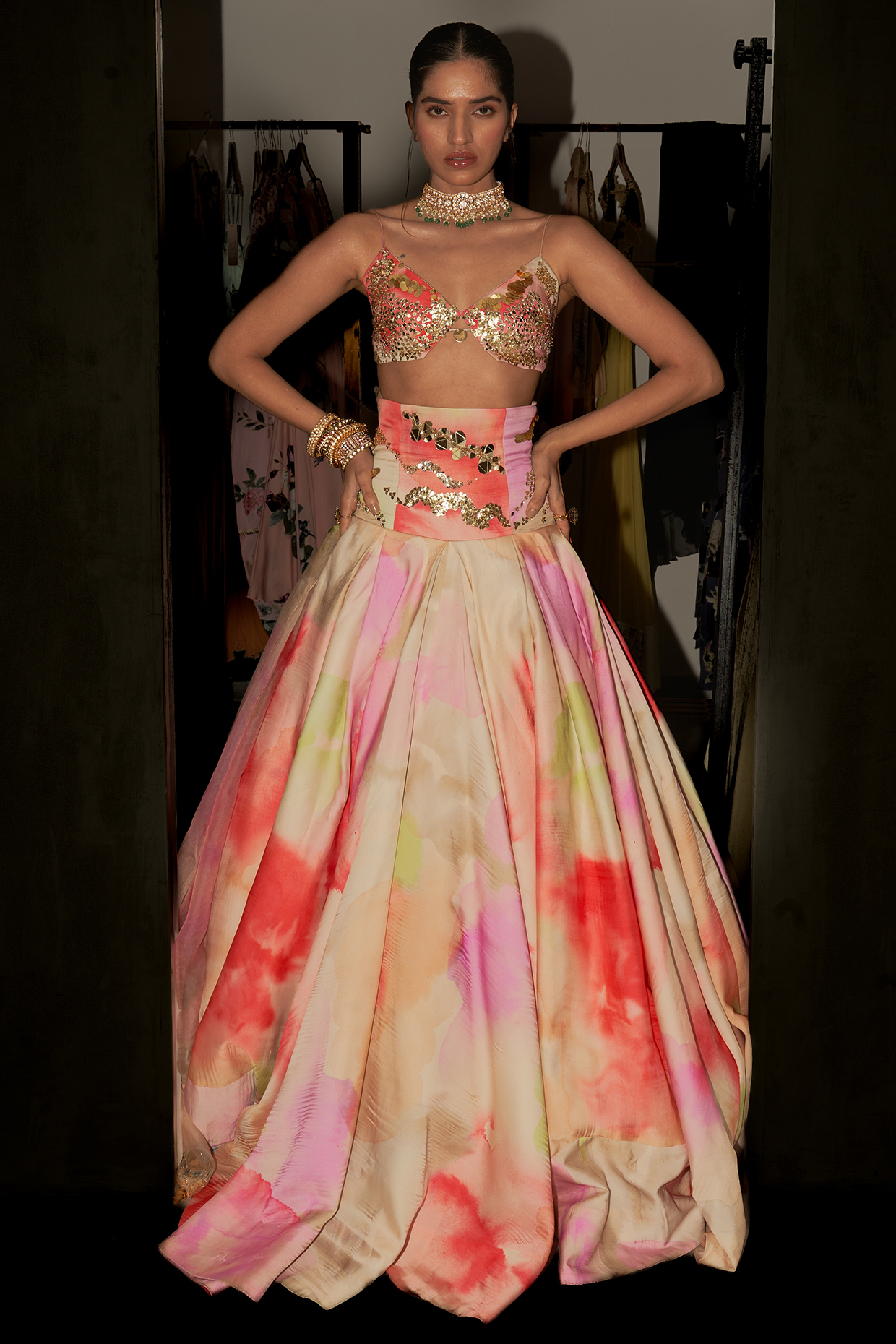 Multi Colored Organza And Satin Printed Wedding Lehenga Set By Mahima