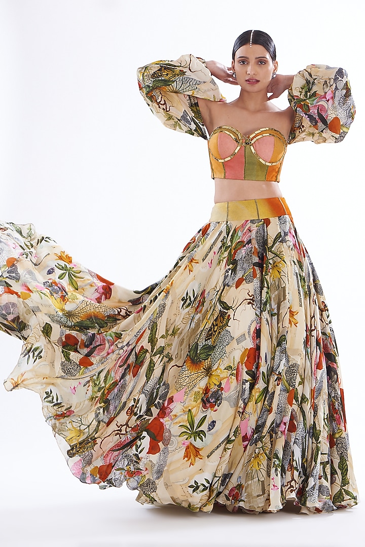 Multi Colored Organza Satin Printed Wedding Lehenga Set By Mahima