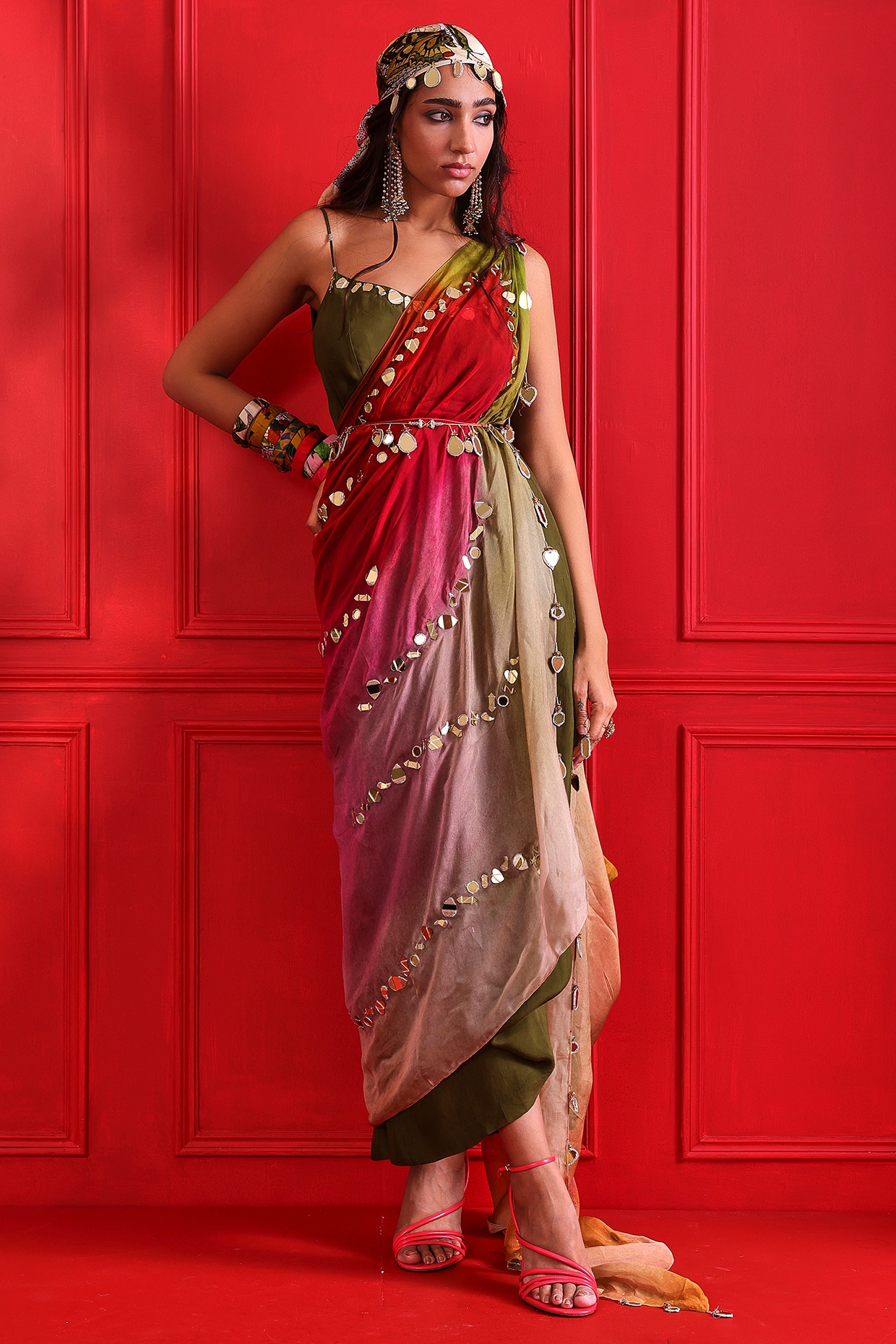 Multi-Colored Satin Organza Printed Choga Set by Mahima Mahajan at ...