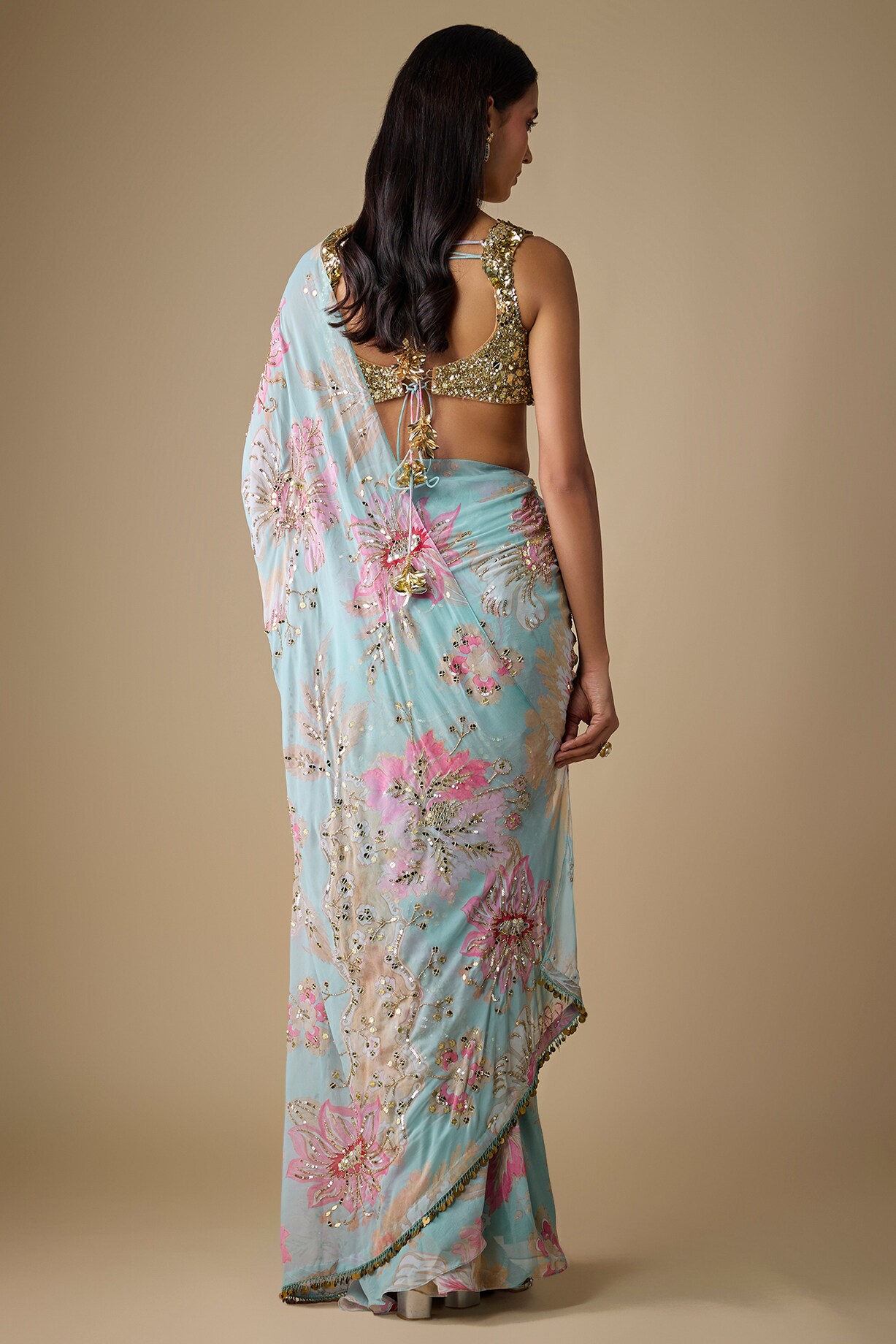 Blue Georgette Hand Embroidered Pre-Draped Reception Saree Set by ...