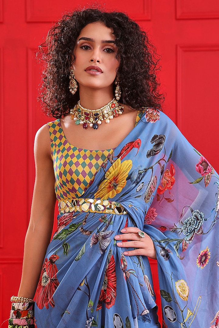 Blue Georgette Printed Saree Set Design by Mahima Mahajan at Pernia's ...