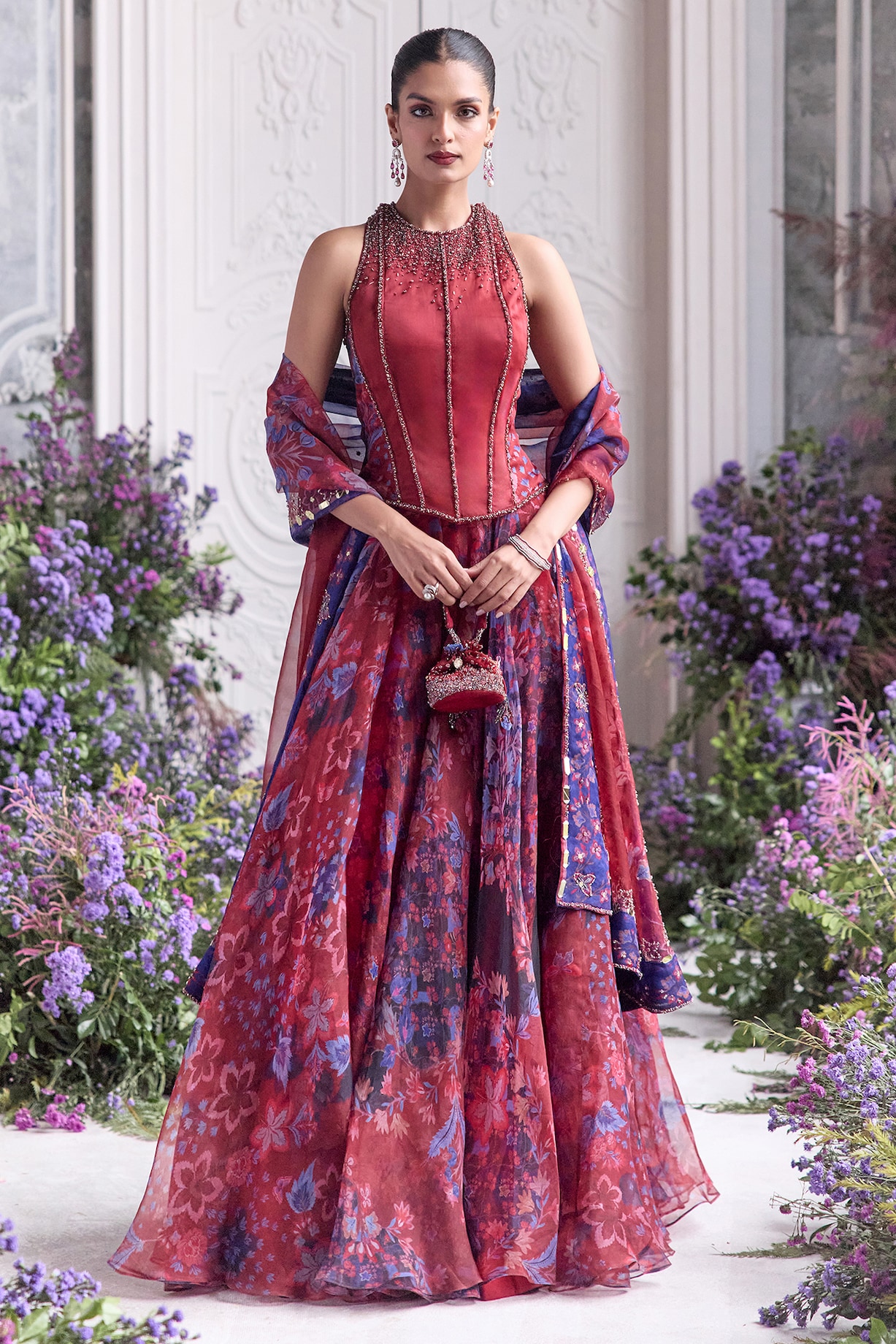 Royal Red Silk Organza Floral Printed Wedding Lehenga Set by Mahima ...