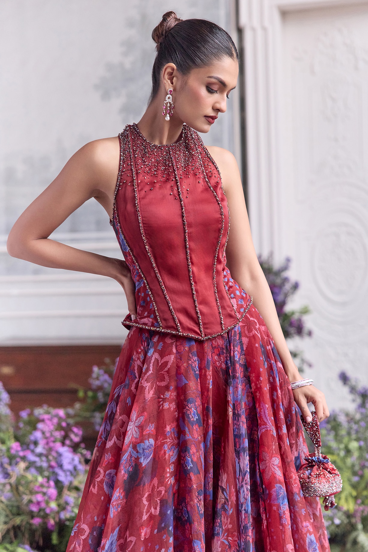 Royal Red Silk Organza Floral Printed Wedding Lehenga Set by Mahima ...