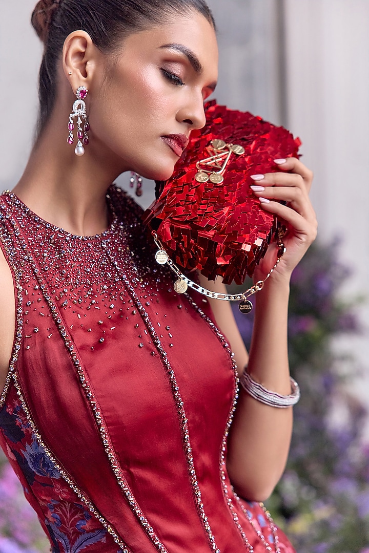 Royal Red Silk Organza Floral Printed Wedding Lehenga Set by Mahima ...