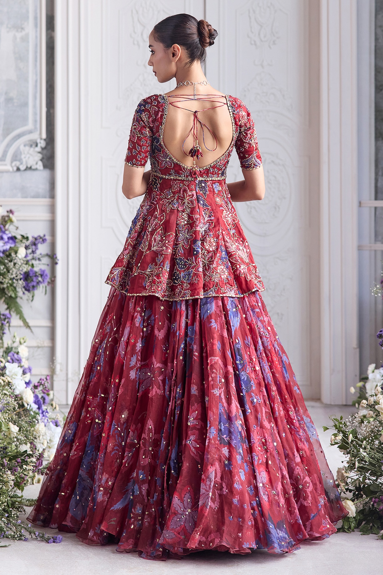 Royal Red Silk Organza Embroidered & Printed Bridal Lehenga Set by ...