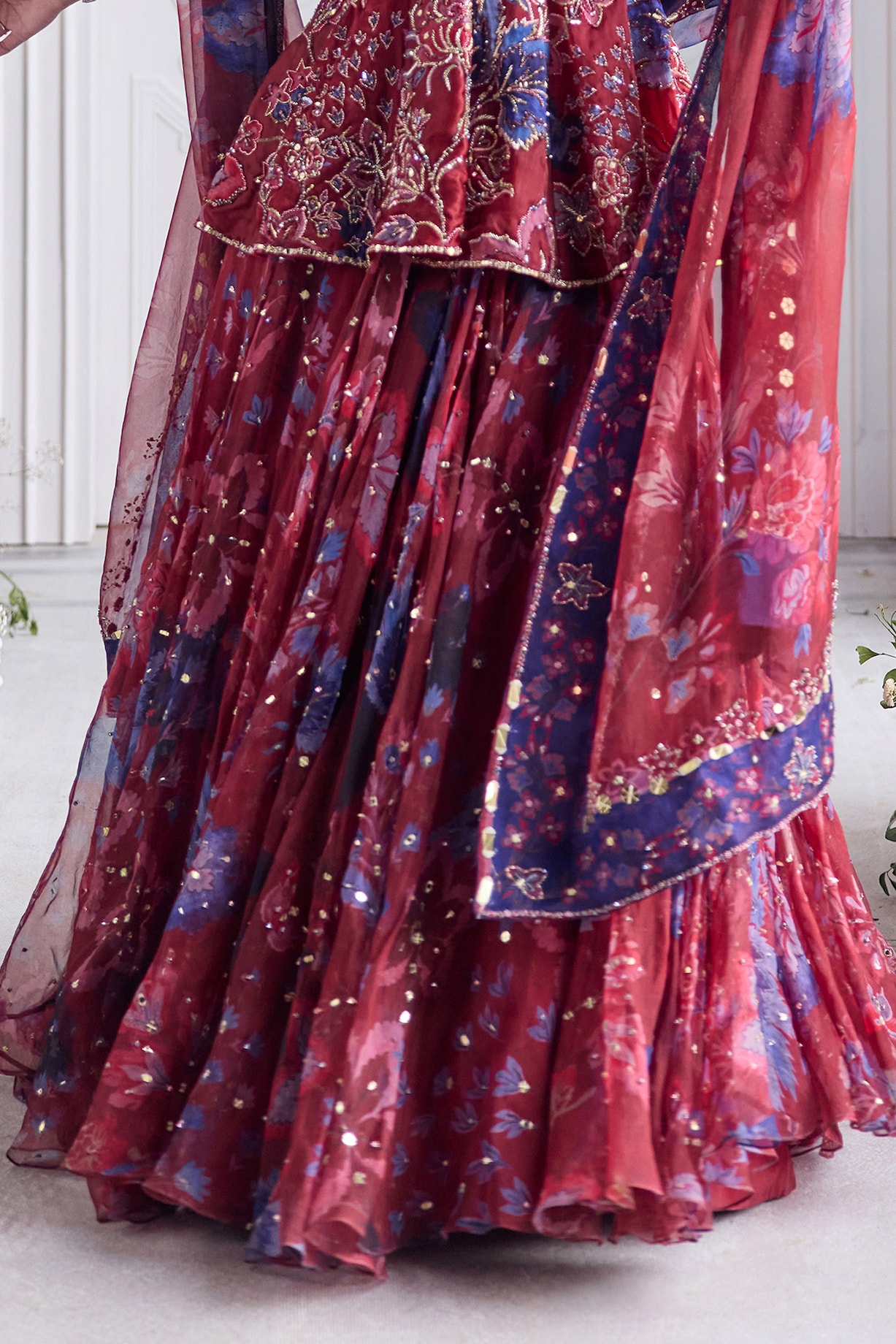 Royal Red Silk Organza Embroidered & Printed Bridal Lehenga Set by ...