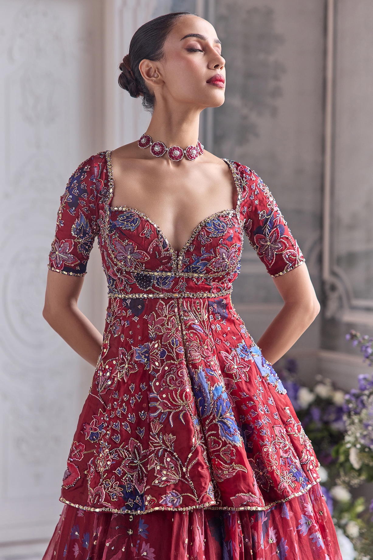 Royal Red Silk Organza Embroidered & Printed Bridal Lehenga Set by ...