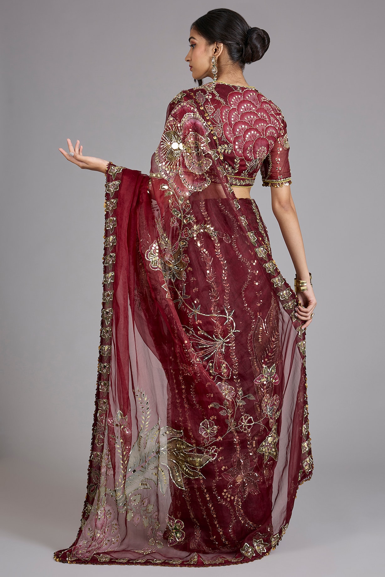 Sindoori Red Organza Hand Embroidered Pre-Draped Reception Saree Set by ...