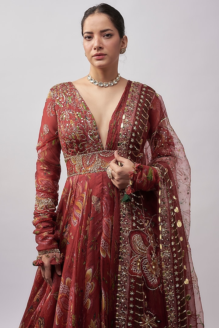 Red Organza Wedding Anarkali With Dupatta by Mahima Mahajan at Pernia's ...