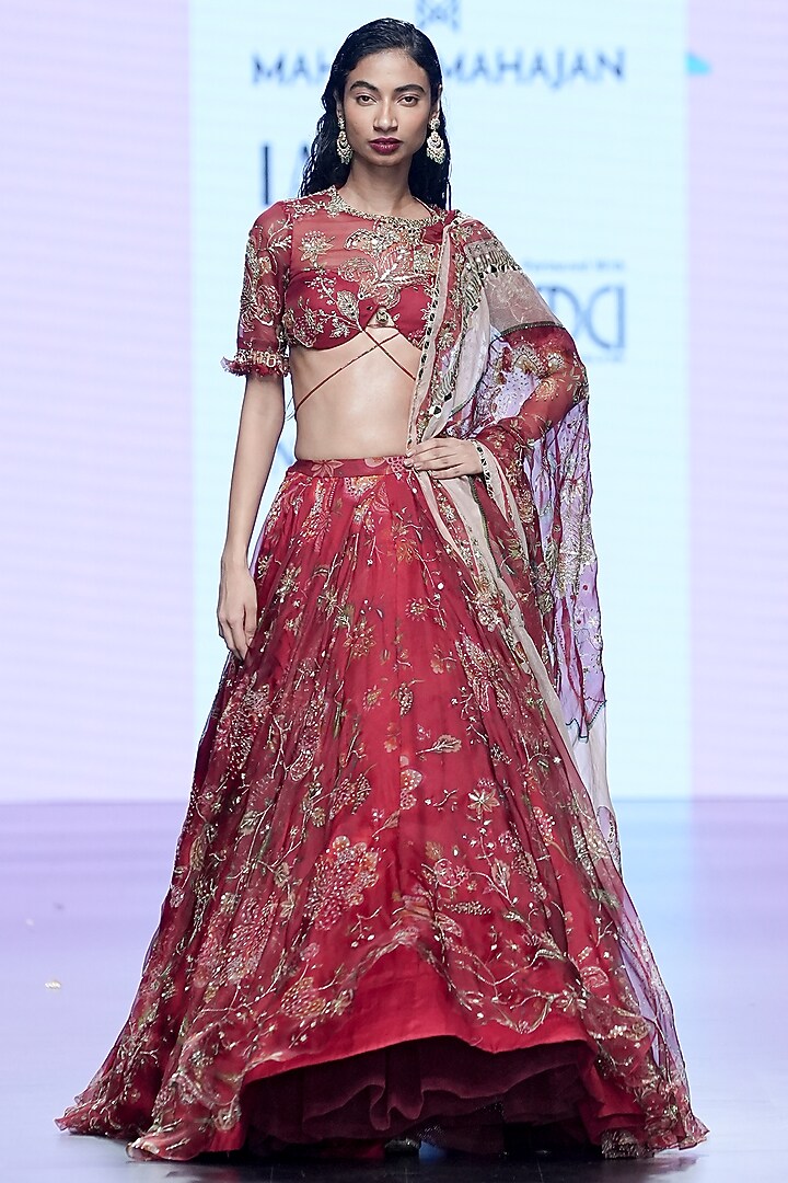 Red Organza & Shantoon Embroidered Wedding Lehenga Set by Mahima ...