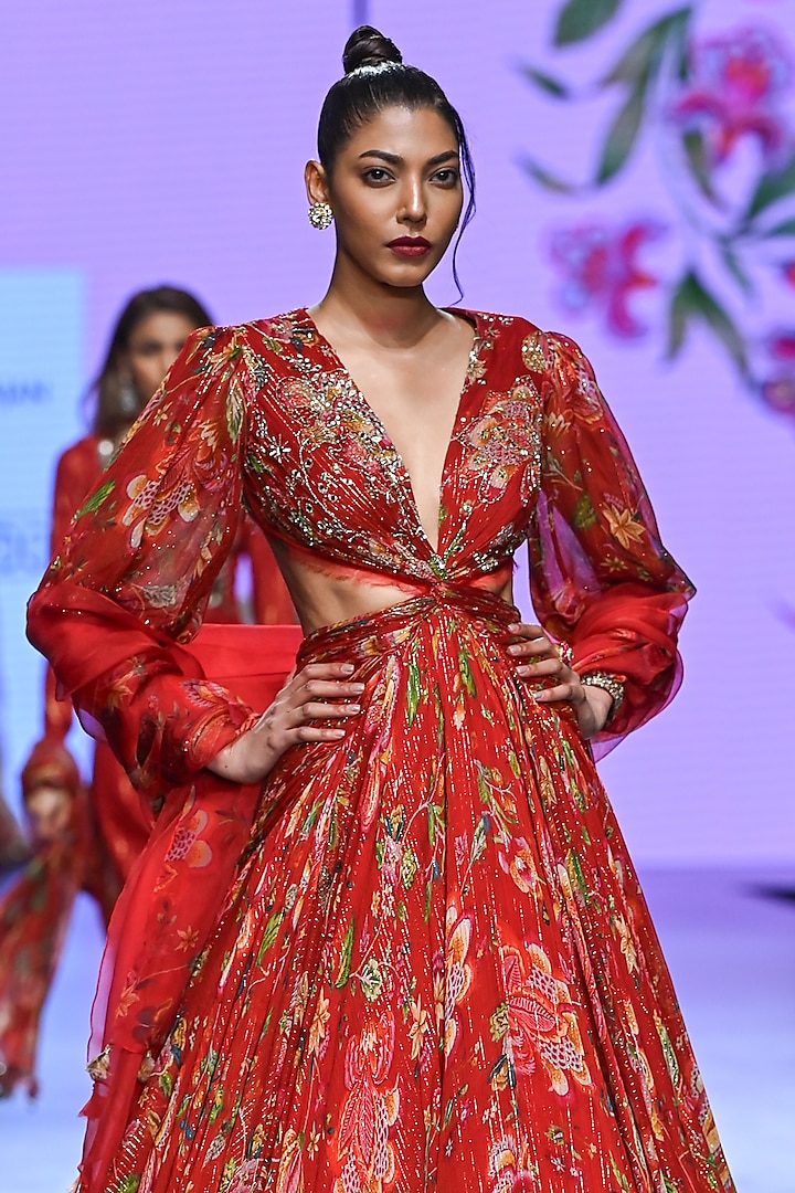 Red Lurex Chiffon Embroidered Anarkali Set Design by Mahima Mahajan at ...