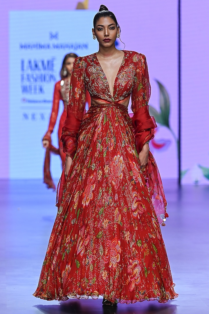 Red Lurex Chiffon Embroidered Anarkali Set Design by Mahima Mahajan at ...