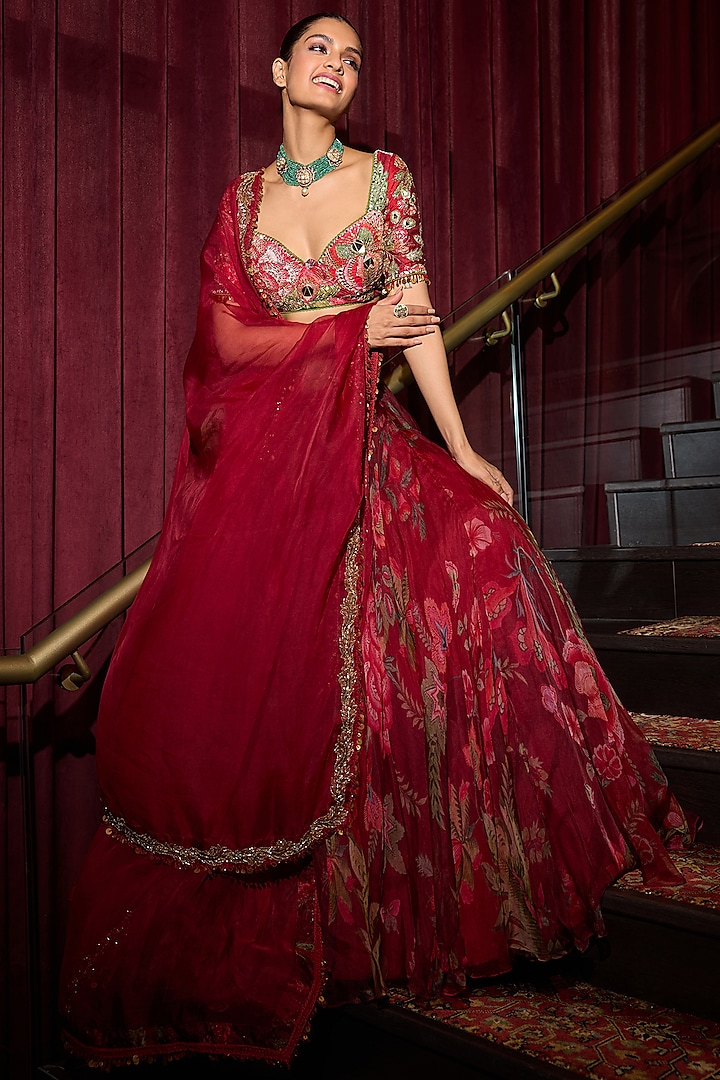 Sindoori Red Organza & Raw Silk Wedding Lehenga Set by Mahima Mahajan ...
