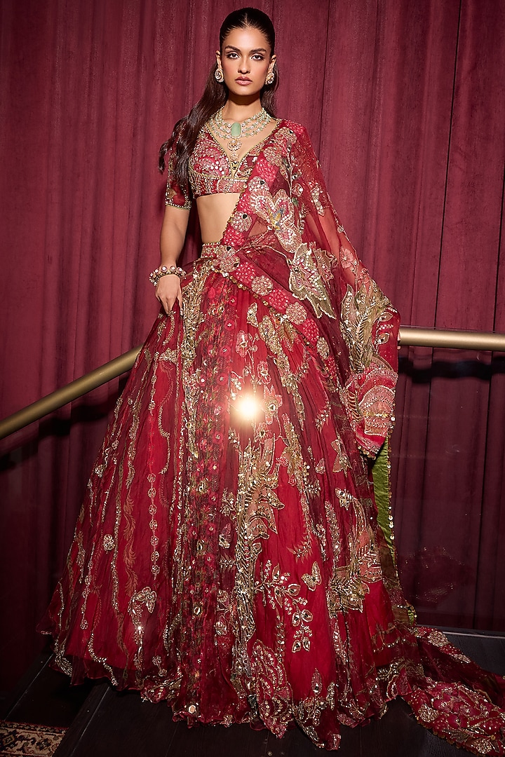 Sindoori Red Organza Hand Embroidered Bridal Lehenga Set by Mahima ...