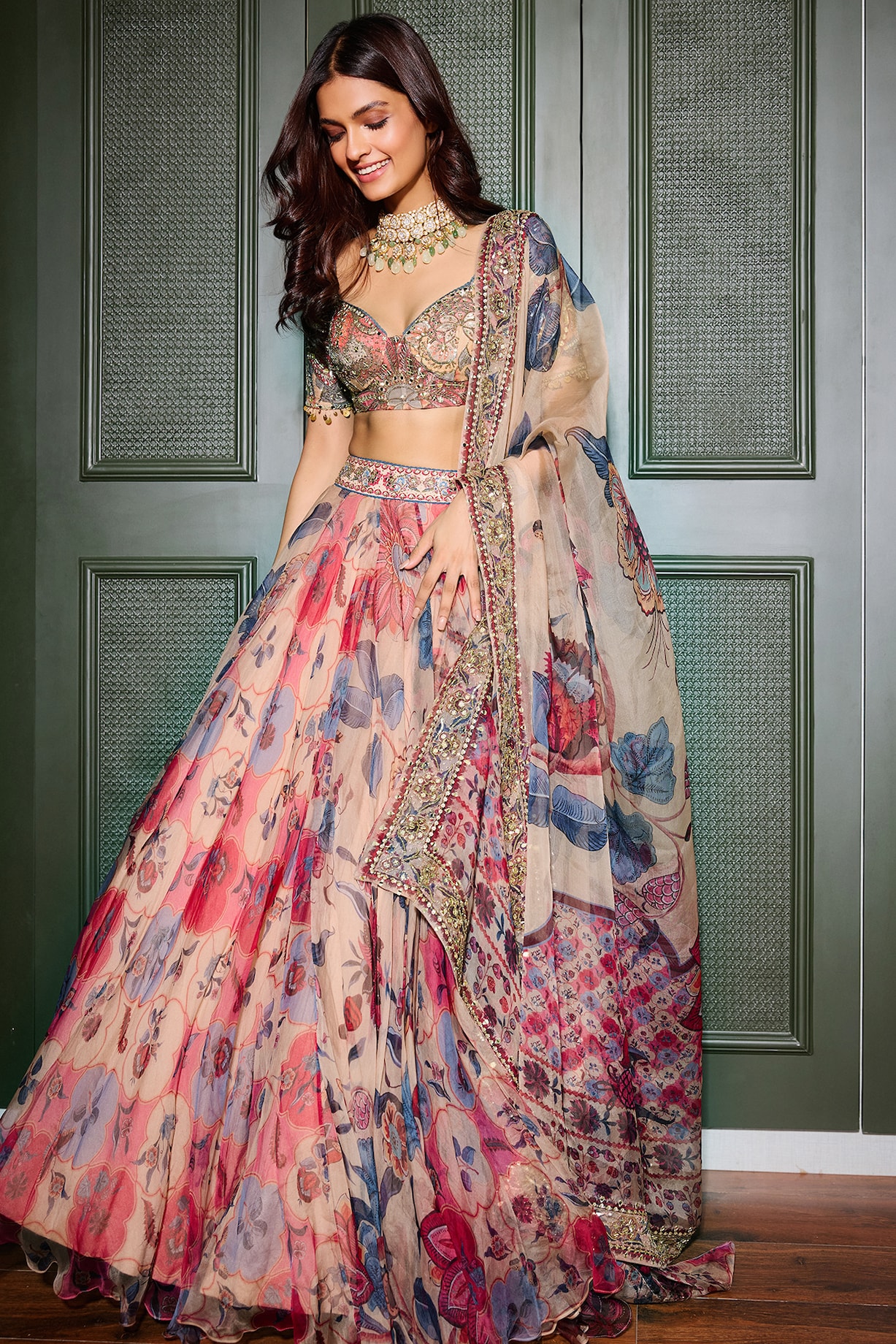 Sand Colored Organza & Raw Silk Hand Embroidered Wedding Lehenga Set by Mahima Mahajan at Pernia ...