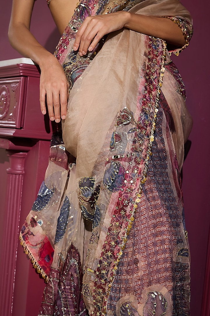 Sand Colored Organza Hand Embroidered Pre-Draped Saree Set by Mahima Mahajan at Pernia's Pop Up ...
