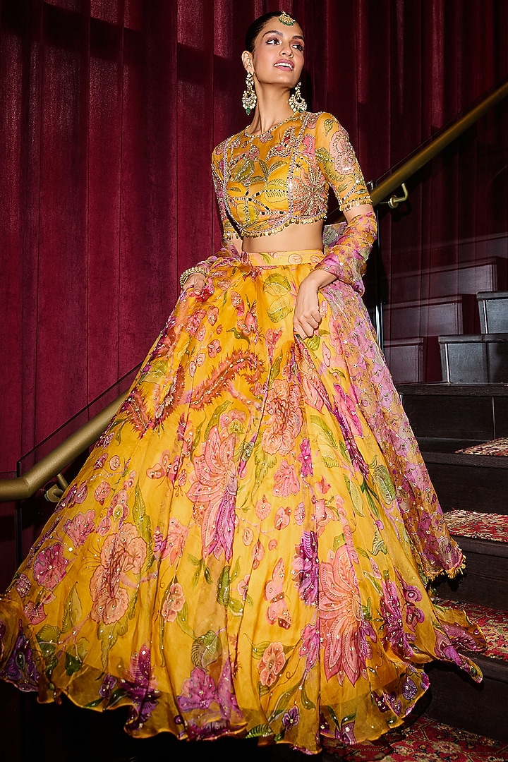Kesar Yellow Organza Hand Embroidered Wedding Lehenga Set by Mahima ...