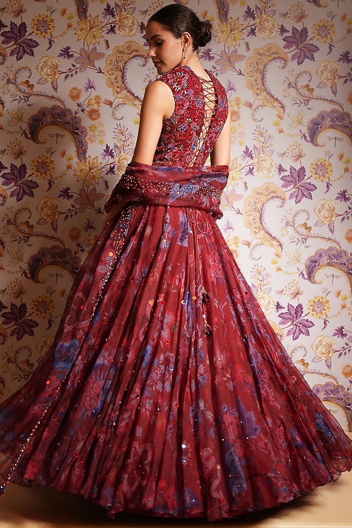 Royal Red Silk Organza Printed Wedding Lehenga Set by Mahima Mahajan at ...