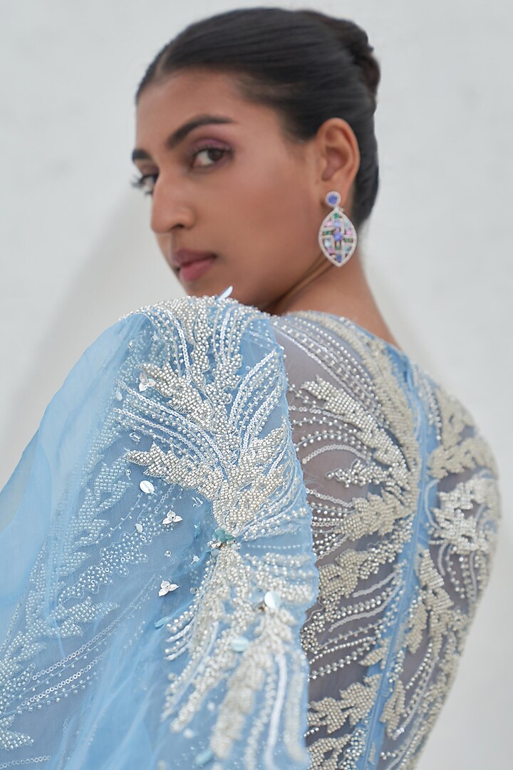 Powder Blue Organza & Crepe Hand Embroidered Anarkali Set by Mahima ...
