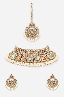Gold Finish Kundan Polki & Multi-Colored Stone Choker Necklace Set Design by Moh-Maya by Disha ...