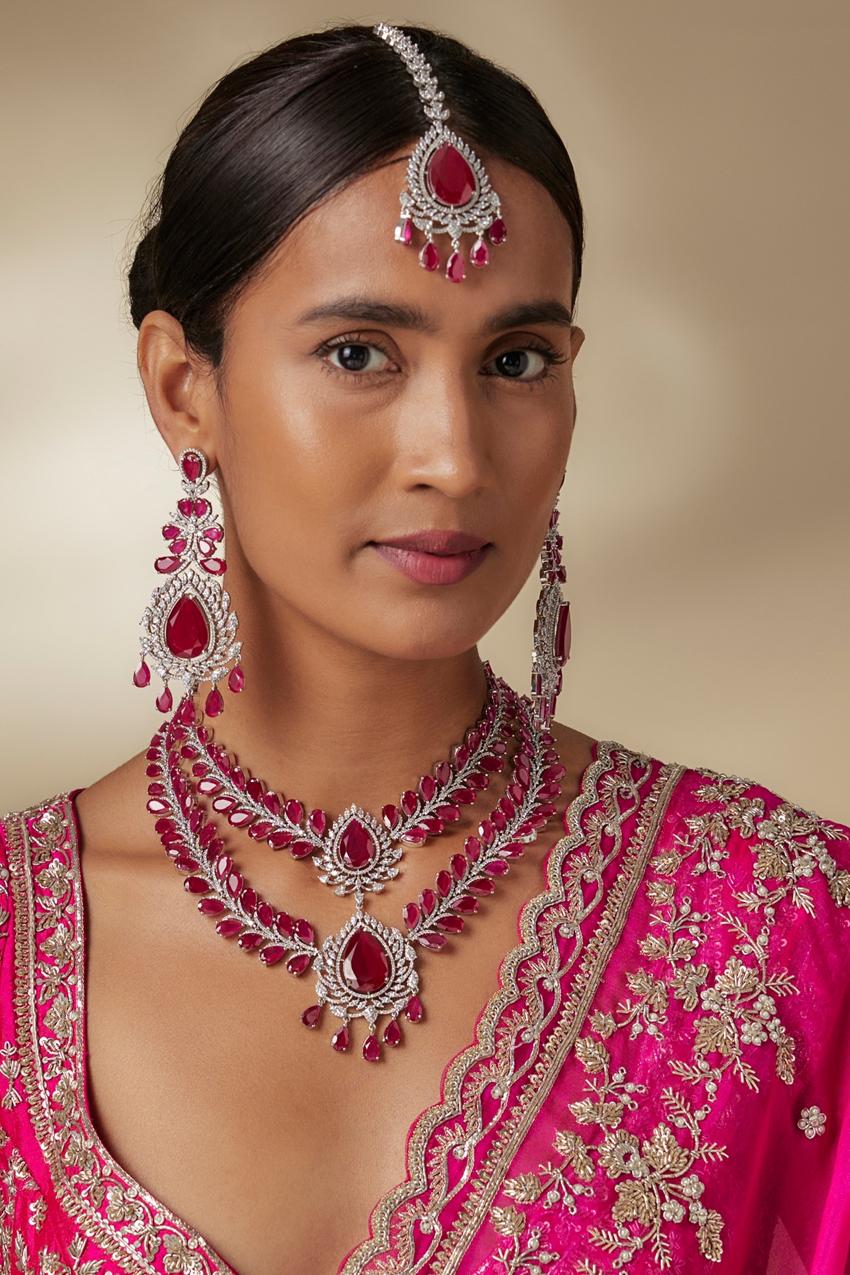 Silver Finish Zircon & Ruby Stone Long Necklace Set by Moh-Maya by ...