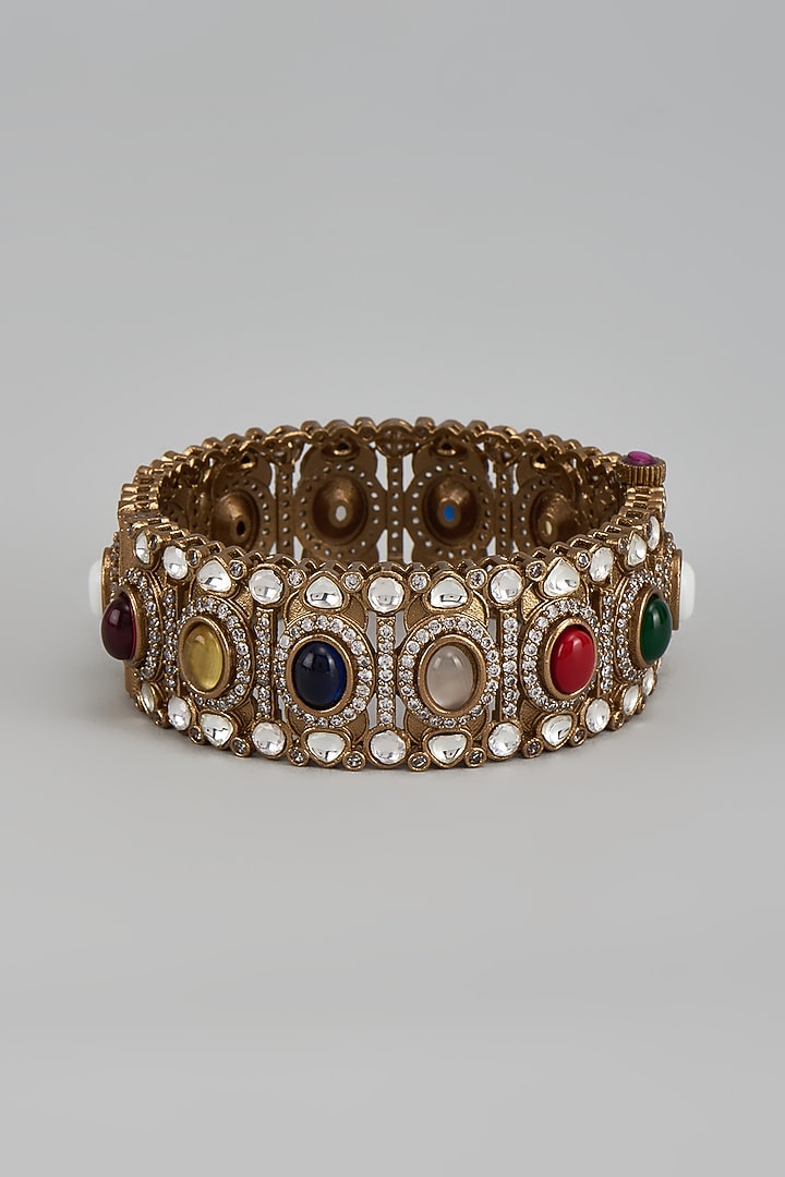 Gold Finish Kundan Polki & Multi-Colored Stone Bangle by Moh-Maya by ...