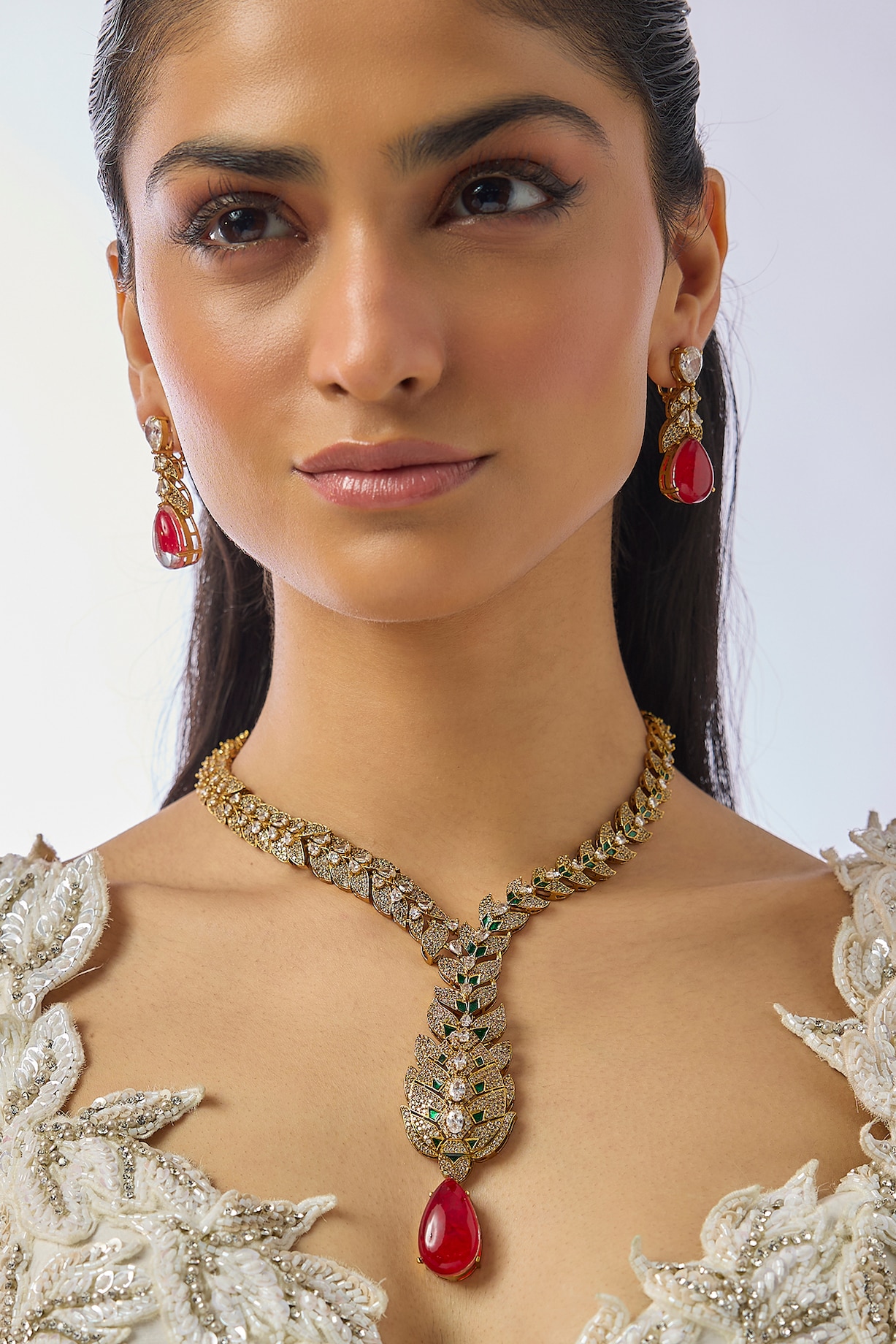 Gold Finish Kundan Polki & Ruby Stone Necklace Set by Moh-Maya by Disha Khatri at Pernia's Pop ...