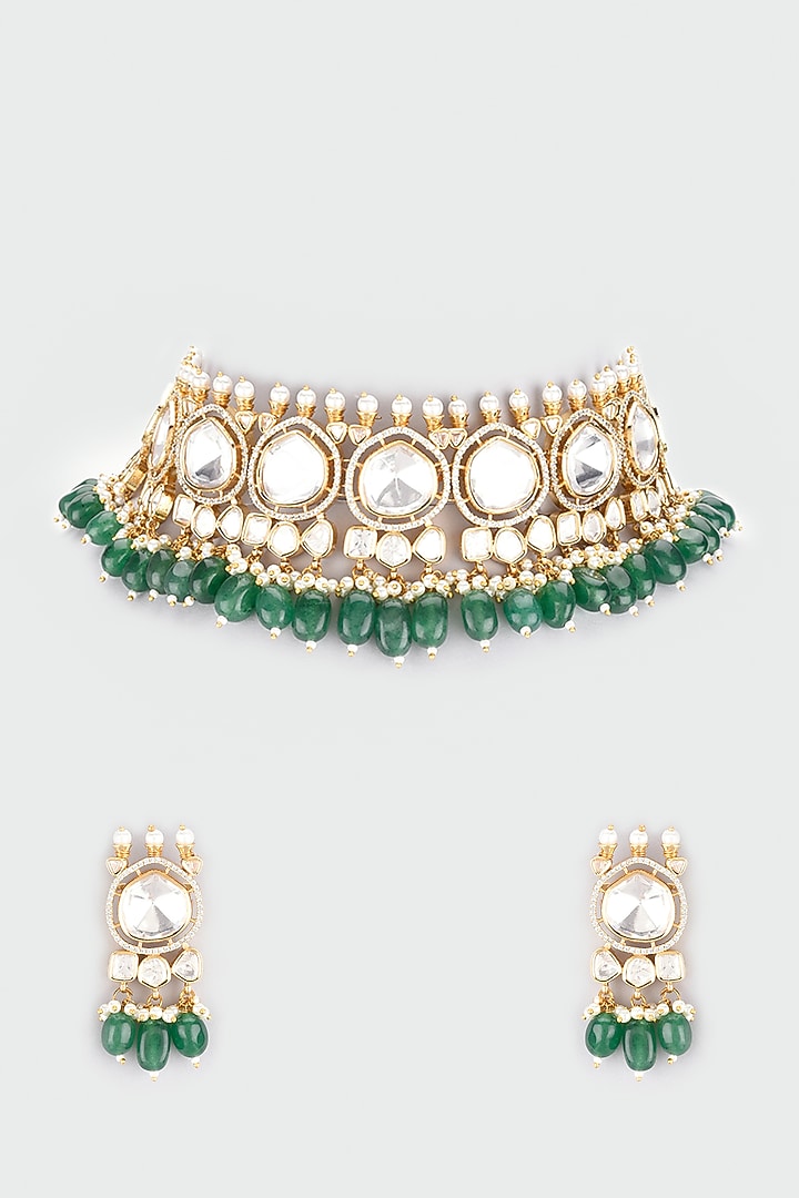 Gold Finish Kundan Polki Choker Necklace Set by Moh-Maya by Disha Khatri at Pernia's Pop Up Shop ...