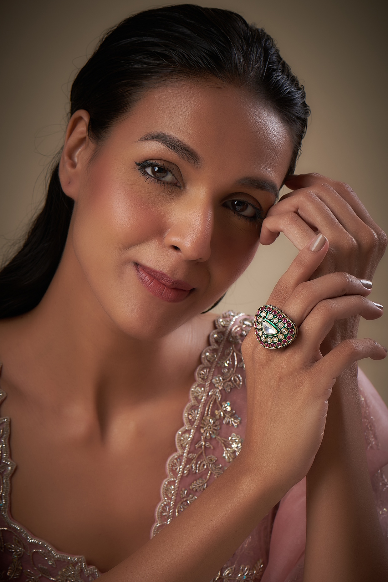 Gold Finish Kundan Polki Meenakari Ring by Moh-Maya by Disha Khatri at ...