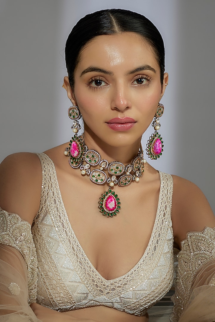 Gold Finish Hot Pink Stone & Zircon Choker Necklace Set by Moh-Maya by Disha Khatri at Pernia's ...