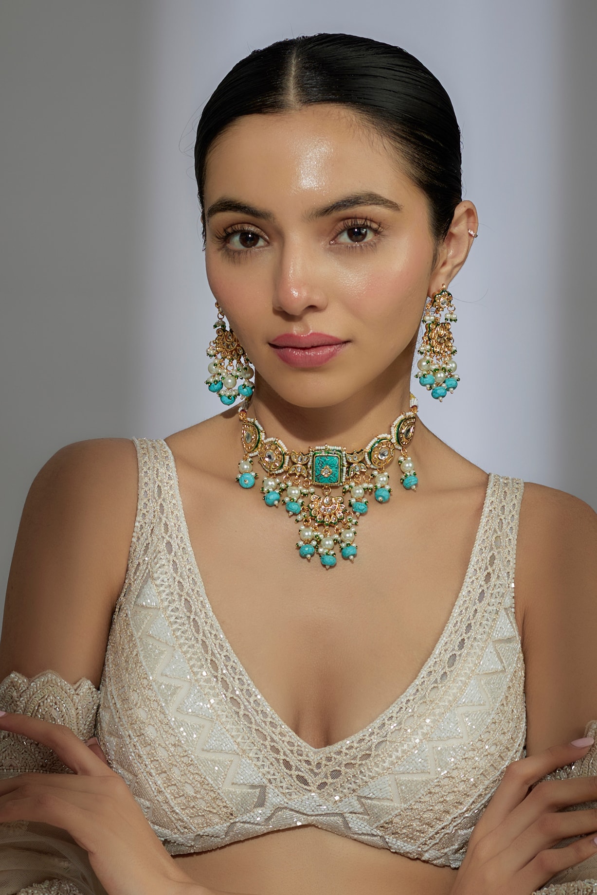 Gold Finish Kundan Polki & Turquoise Stone Meenakari Choker Necklace Set by Moh-Maya by Disha ...