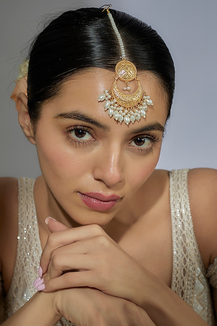 Gold Finish Kundan Polki & Pearl Maangtikka by Moh-Maya by Disha Khatri at Pernia's Pop Up Shop 2025